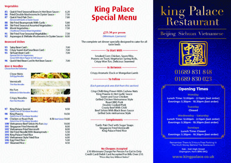 Take-Away Menu – King Palace Restaurant