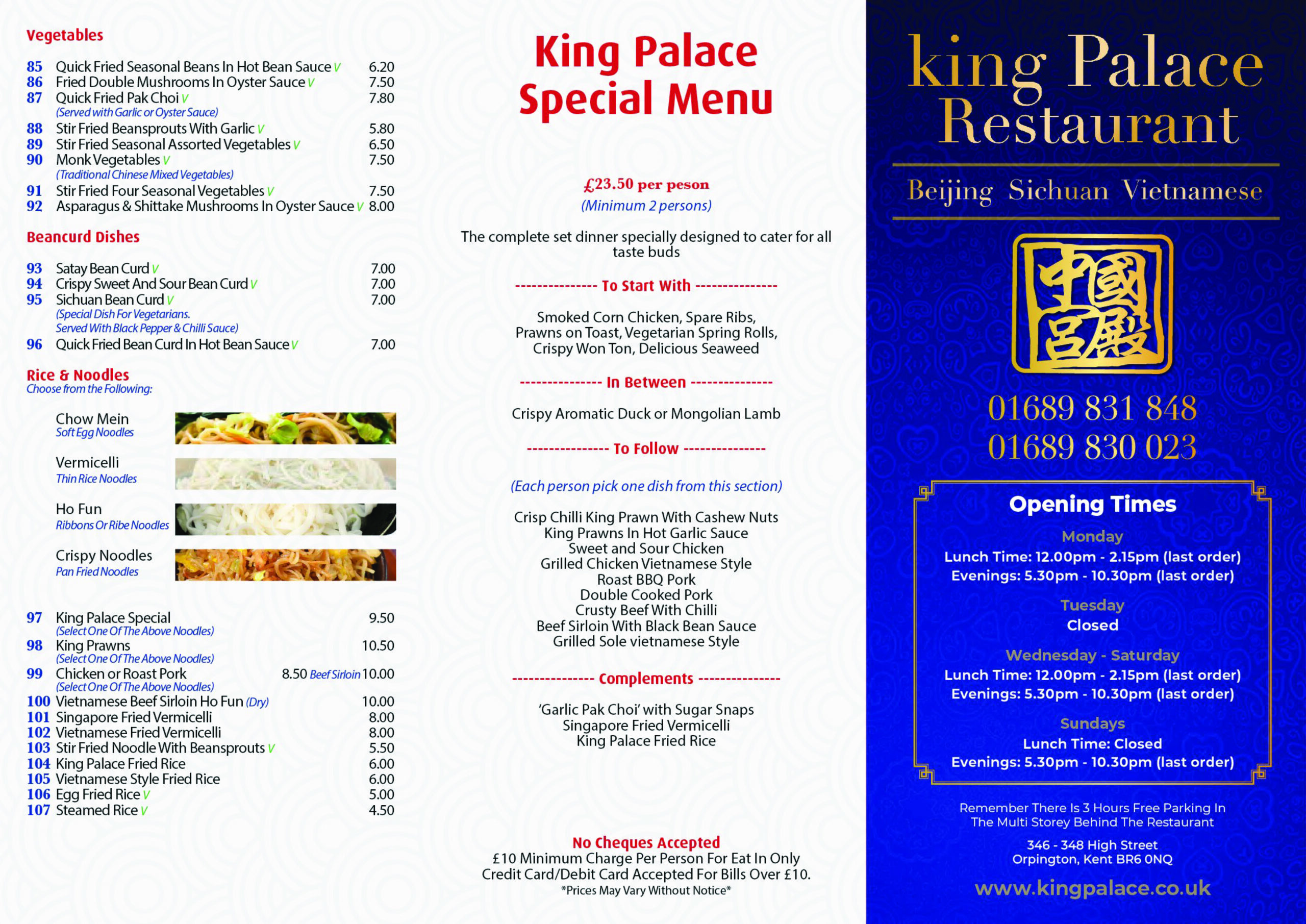 Take-Away Menu – King Palace Restaurant
